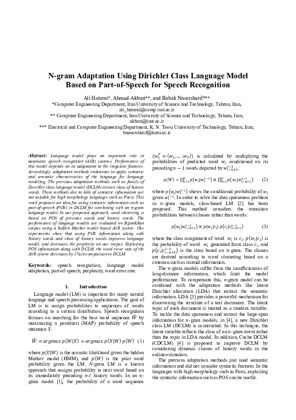(PDF) N-gram Adaptation Using Dirichlet Class Language Model Based on Part-of-Speech for Speech ...
