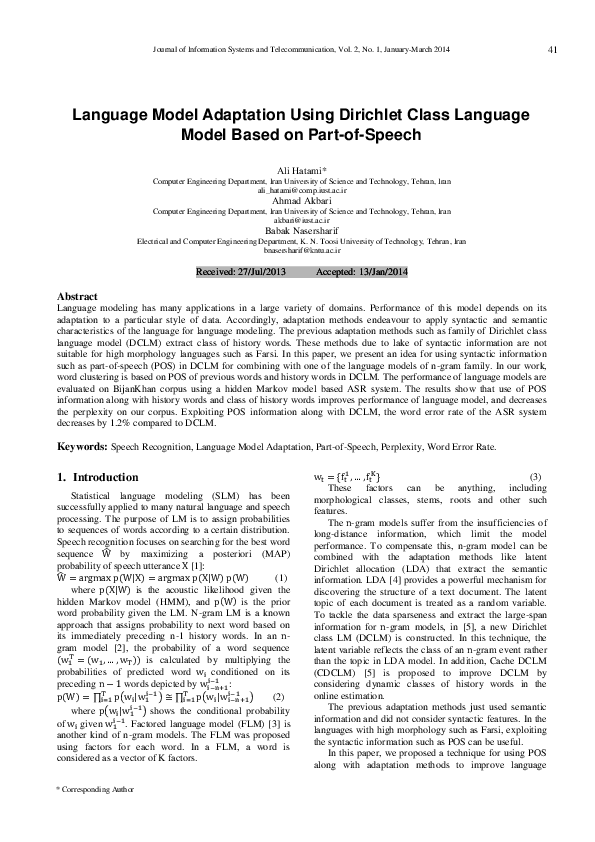 (PDF) Language Model Adaptation Using Dirichlet Class Language Model Based on Part-of-Speech