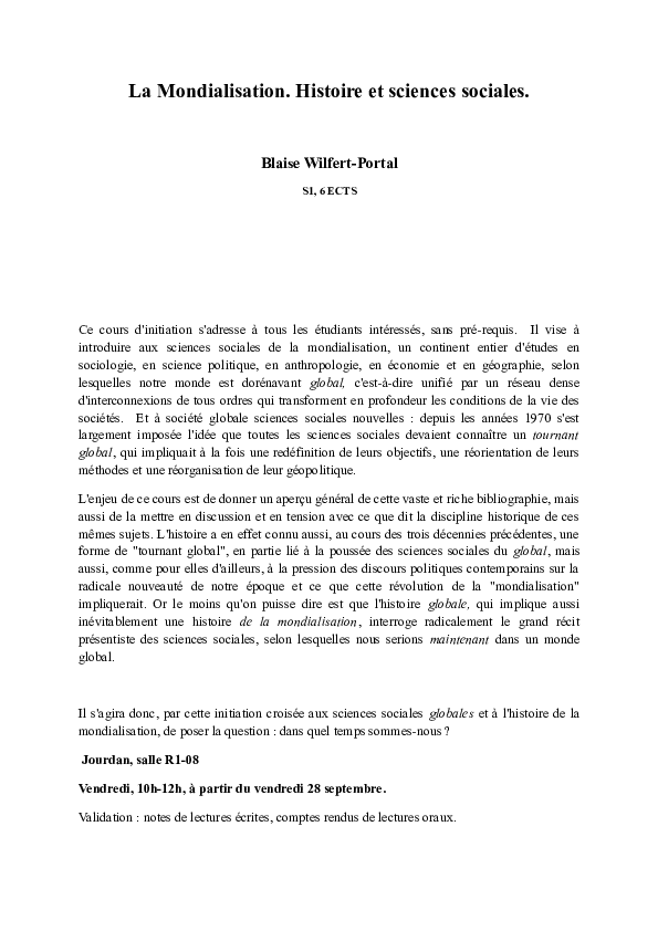 La Mondialisation histoire et sciences sociales syllabus