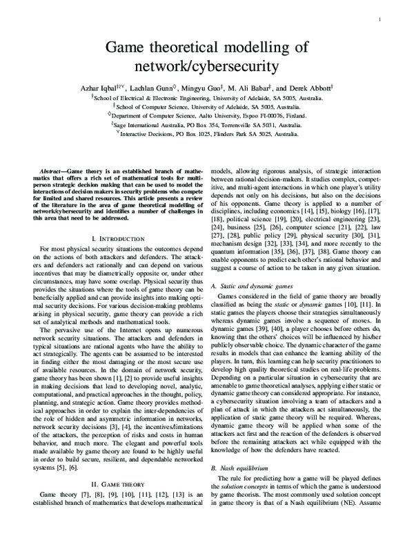 Pdf Game Theoretical Modelling Of Networkcybersecurity