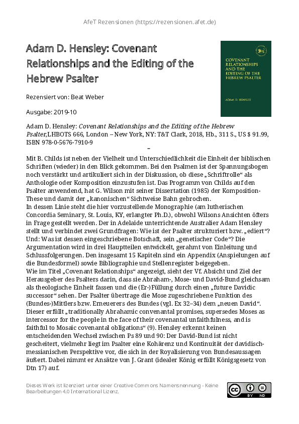 (PDF) Review of: Adam D. Hensley, Covenant Relationships and the ...