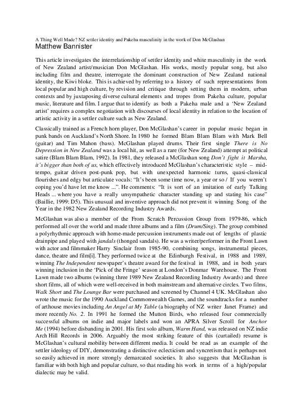 (PDF) A Thing Well Made? NZ settler identity and Pakeha masculinity in ...