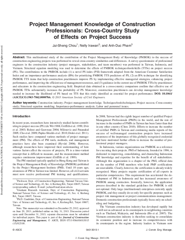 (PDF) Project Management Knowledge of Construction Professionals: Cross ...