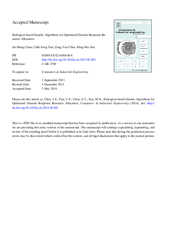 Pdf Biological Based Genetic Algorithms For Optimized Disaster Response Resource Allocation