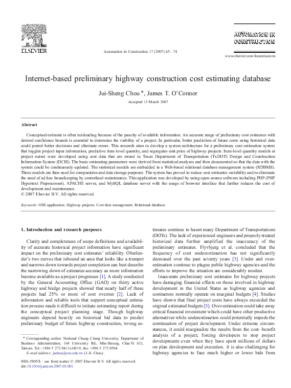 (PDF) Internet-based preliminary highway construction cost estimating ...