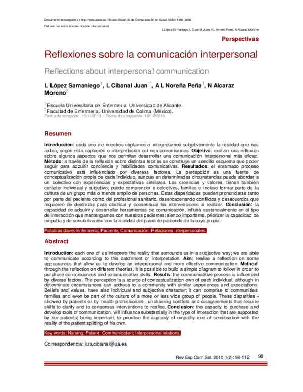 (PDF) Reflexiones sobre la comunicación interpersonal / Reflections about interpersonal ...