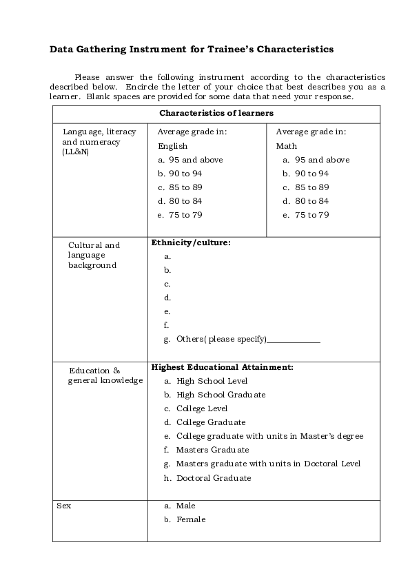 (DOC) Data Gathering Instrument for Trainee's Characteristics