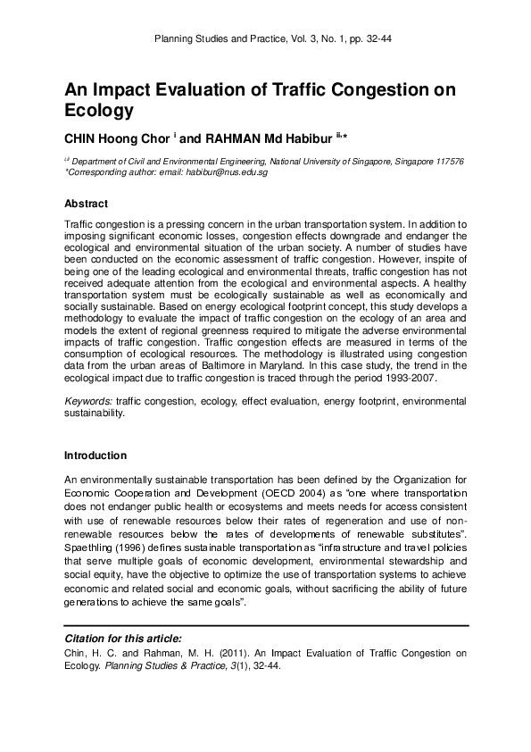 Pdf An Impact Evaluation Of Traffic Congestion On Ecology