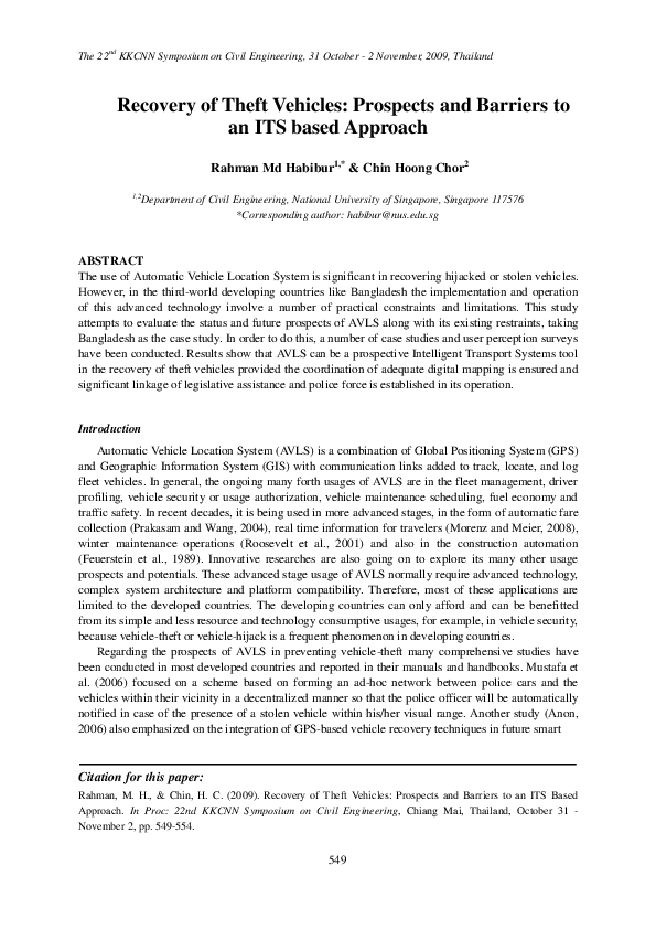 (PDF) Recovery of Theft Vehicles: Prospects and Barriers to an ITS ...