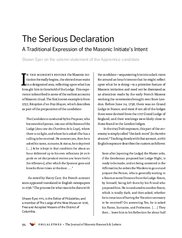 (PDF) The Serious Declaration: A Traditional Expression of the Masonic ...