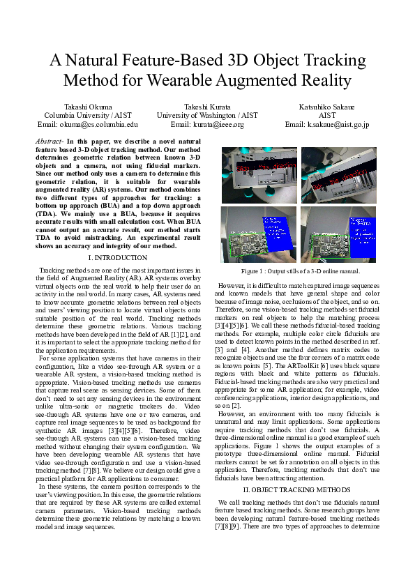 Pdf A Natural Feature Based 3d Object Tracking Method For Wearable Augmented Reality