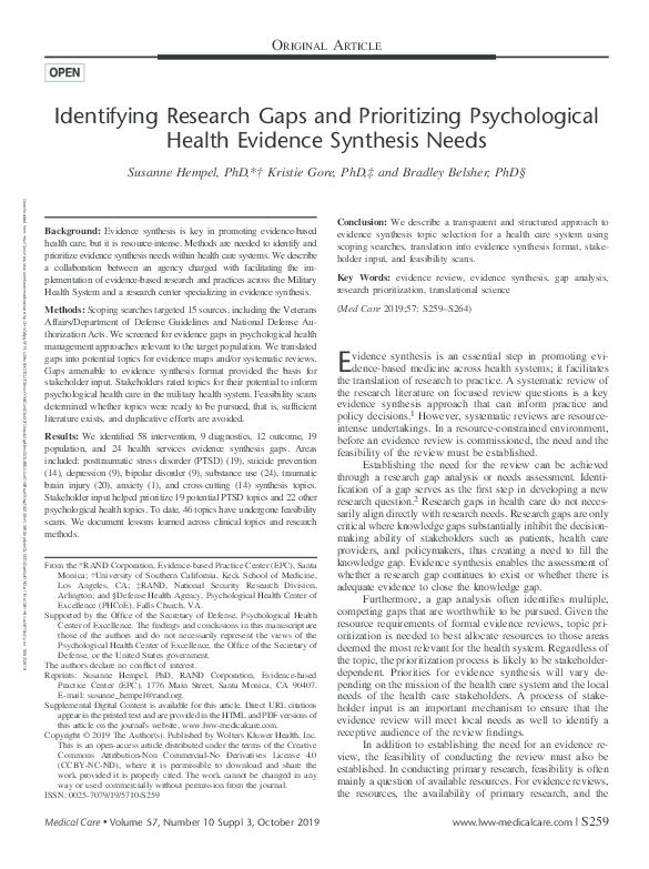 (PDF) Identifying Research Gaps and Prioritizing Psychological Health Evidence Synthesis Needs