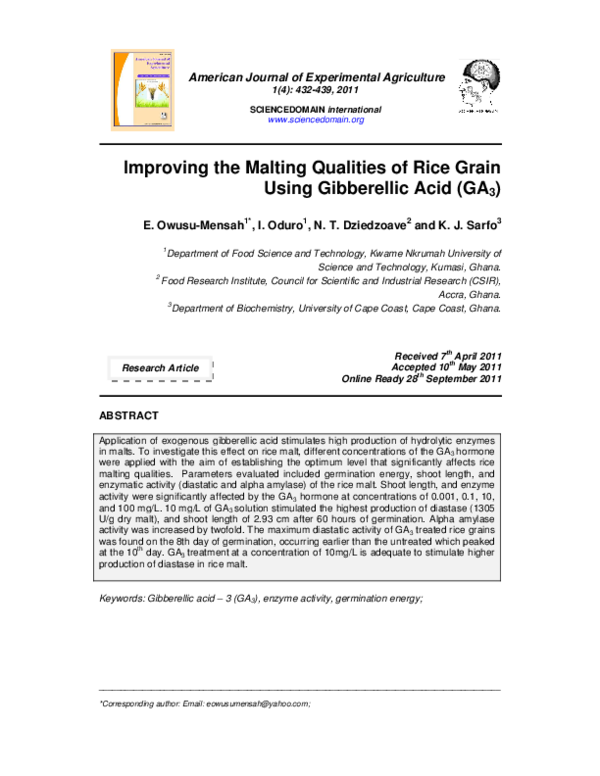 (PDF) Improving the malting qualities of rice malt GA