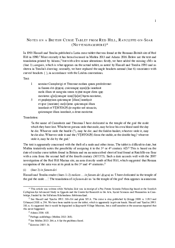 (PDF) Notes on a British curse tablet from Red Hill, Ratcliffe-on-Soar ...