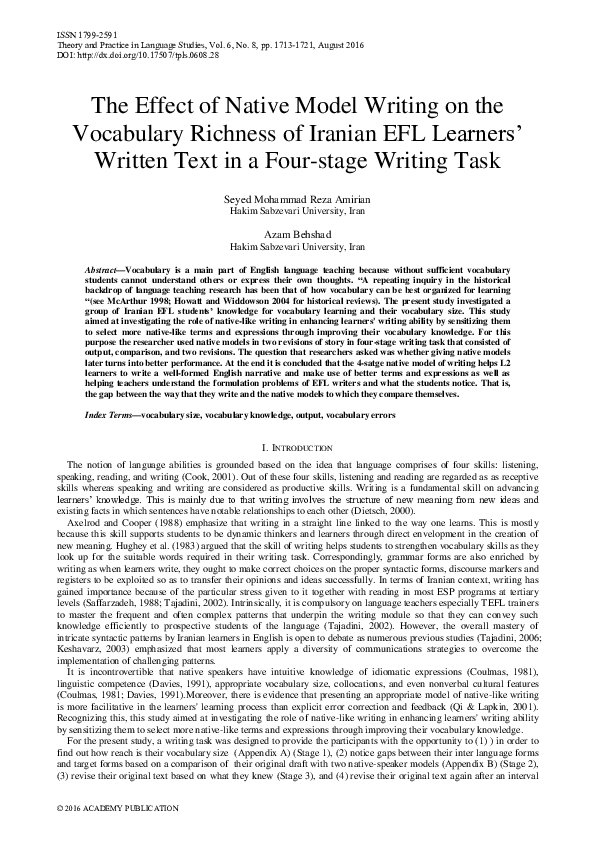 (PDF) The Effect of Native Model Writing on the Vocabulary Richness of Iranian EFL Learners ...