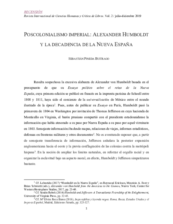 (PDF) Poscolonialismo imperial: Alexander von Humboldt y la decadencia ...