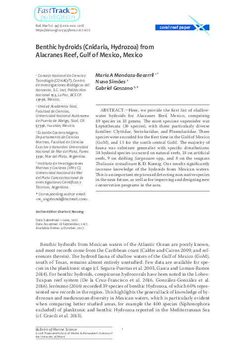 (PDF) Benthic hydroids (Cnidaria, Hydrozoa) from Alacranes Reef, Gulf ...