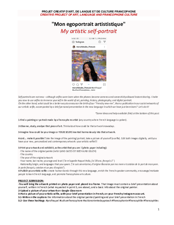 (PDF) Mon egoportrait artististique/ My artistic selfie. A French 1 ...