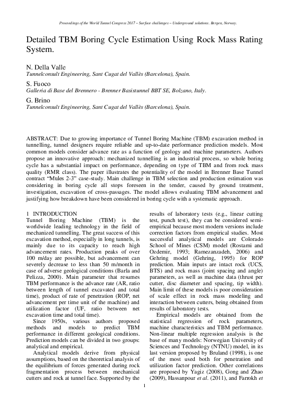 (PDF) DellaValle Fuoco Brino 2017 - Detailed TBM Boring Cycle Estimation Using RMR part
