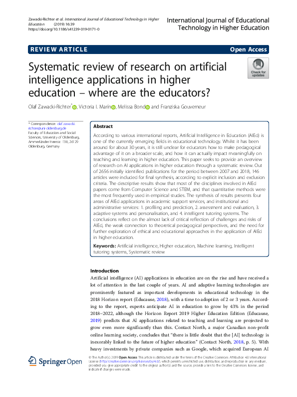 (PDF) Systematic review of research on artificial intelligence applications in higher education ...