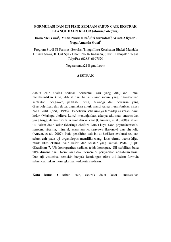 (PDF) FORMULASI DAN UJI FISIK SEDIAAN SABUN CAIR EKSTRAK ETANOL DAUN KELOR (Moringa oleifera