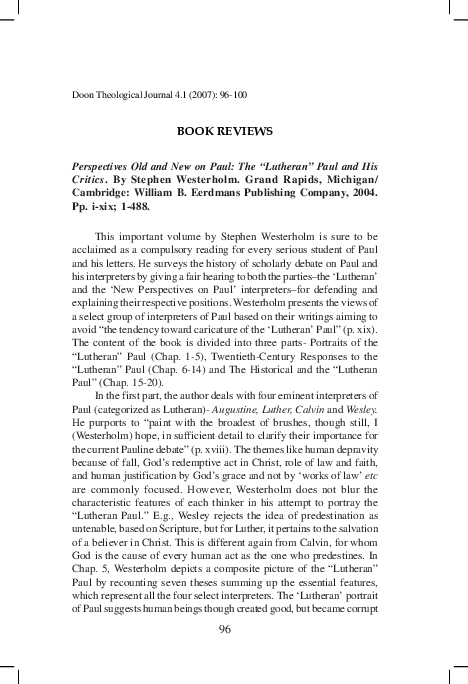 (PDF) "Review of Perspectives Old and New on Paul: The ‘Lutheran’ Paul and His Critics by ...