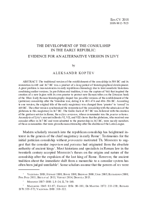 (PDF) The Development of the Consulship in the Early Republic: Evidence ...