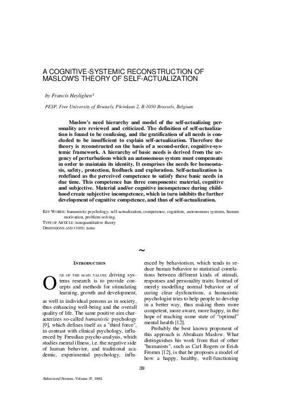 (PDF) A cognitive-systemic reconstruction of Maslow's theory of self-actualization