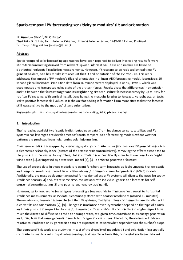 (PDF) Spatio-temporal PV forecasting sensitivity to modules' tilt and orientation