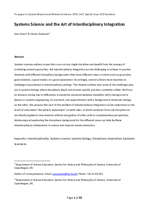 (PDF) Systems Science and the Art of Interdisciplinary Integration
