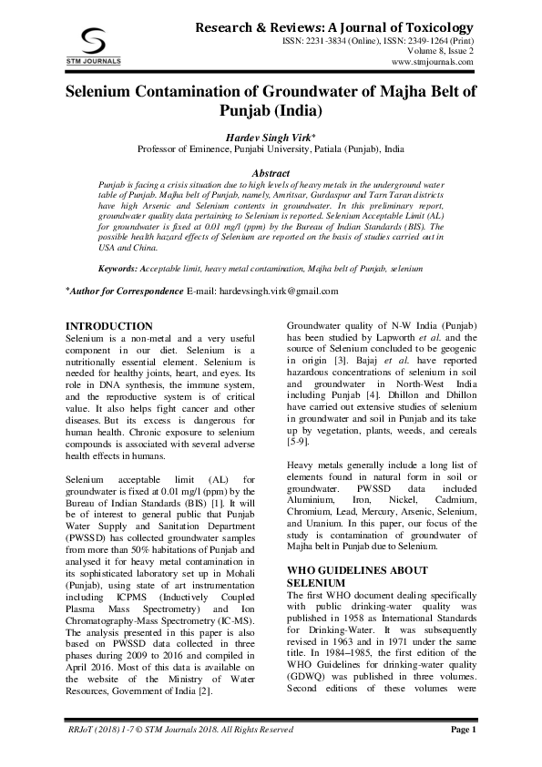 (PDF) Selenium Contamination of Groundwater of Majha Belt of Punjab (India