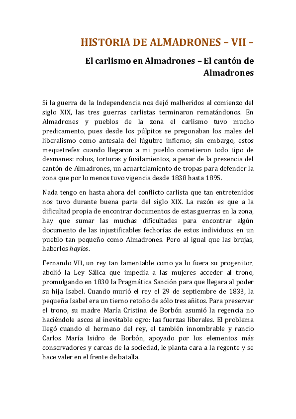 (DOC) HISTORIA DE ALMADRONES - VII El carlismo en Almadrones