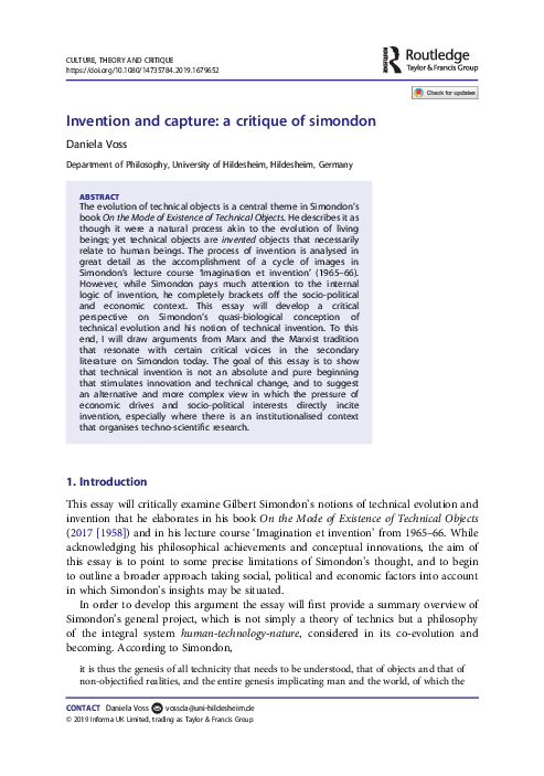 (PDF) Invention and Capture: A Critique of Simondon