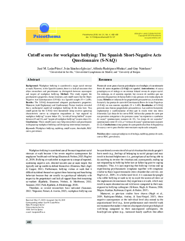 (PDF) Cutoff scores for workplace bullying: The Spanish Short-Negative ...
