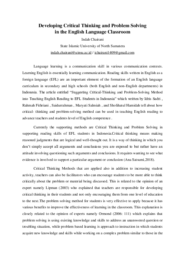 (PDF) Developing Critical Thinking and Problem Solving in the English Language Classroom ...