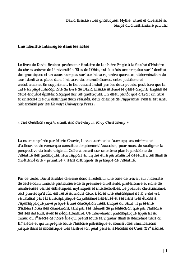 (PDF) David Brakke - Les gnostiques Mythe rituel et diversite au temps ...