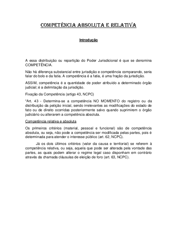 (DOC) Competência absoluta e relativa