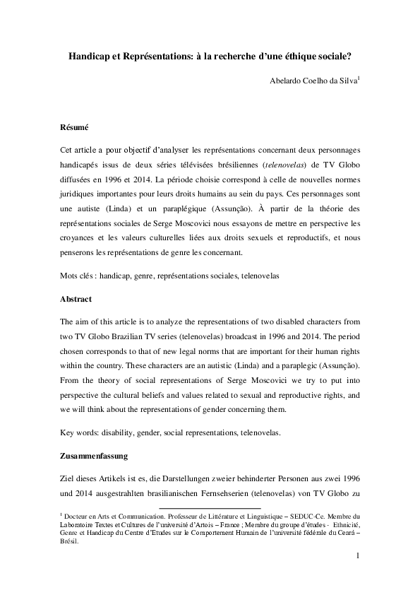(PDF) Handicap et Représentations: à la recherche d'une éthique sociale?