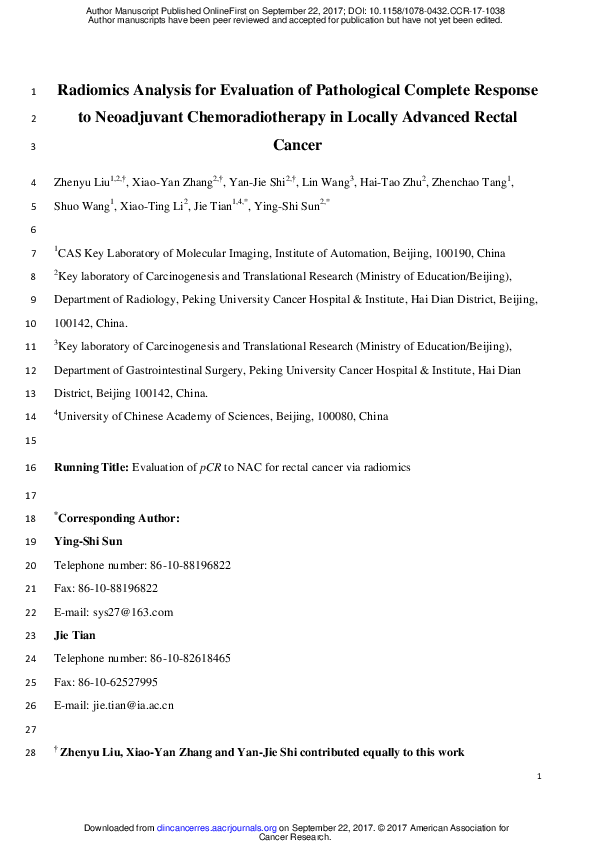 (PDF) Radiomics Analysis for Evaluation of Pathological Complete Response 1 to Neoadjuvant ...