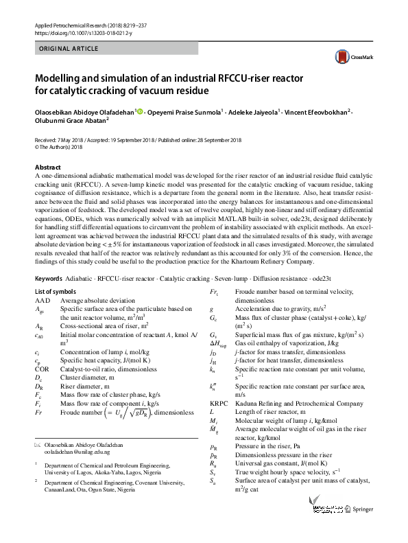 (PDF) Modelling and simulation of an industrial RFCCU-riser reactor for catalytic cracking of ...
