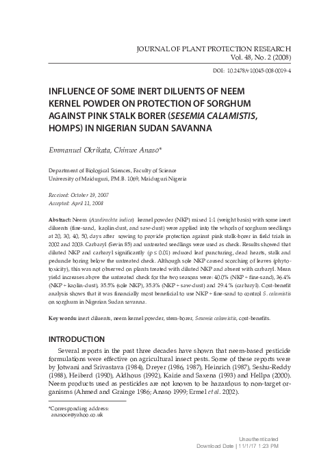 (PDF) INFLUENCE OF SOME INERT DILUENTS OF NEEM KERNEL POWDER ON ...