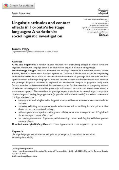(PDF) Linguistic attitudes and contact effects in Toronto's heritage languages: A variationist ...