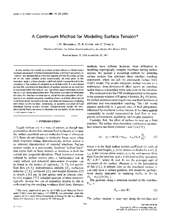 (PDF) A continuum method for modeling surface tension