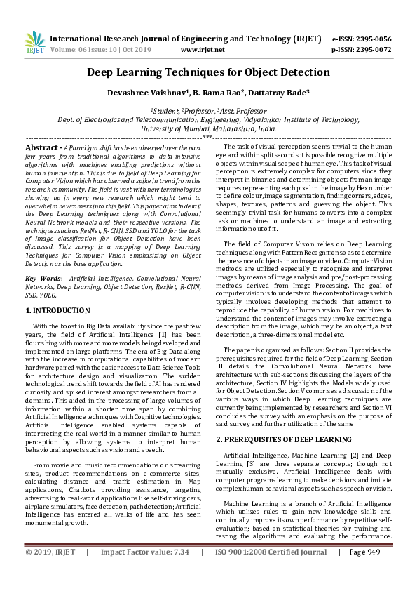 (PDF) IRJET- Deep Learning Techniques for Object Detection