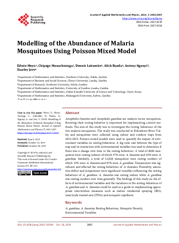 Pdf Modelling Of The Abundance Of Malaria Mosquitoes Using Poisson Mixed Model