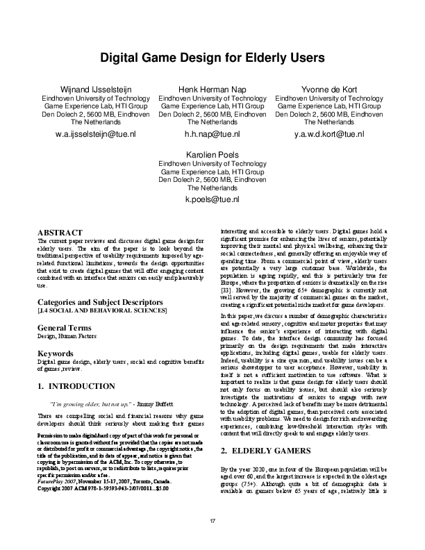 (PDF) Digital game design for elderly users