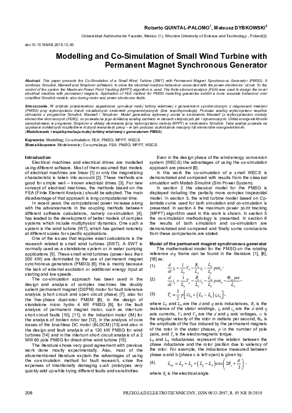 Pdf Modelling And Co Simulation Of Small Wind Turbine With Permanent Magnet Synchronous Generator