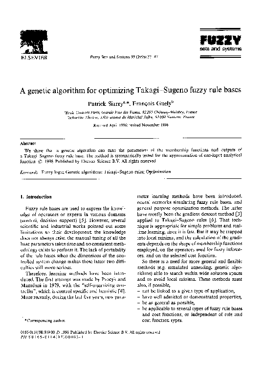 Pdf A Genetic Algorithm For Optimizing Takagi Sugeno Fuzzy Rule Bases