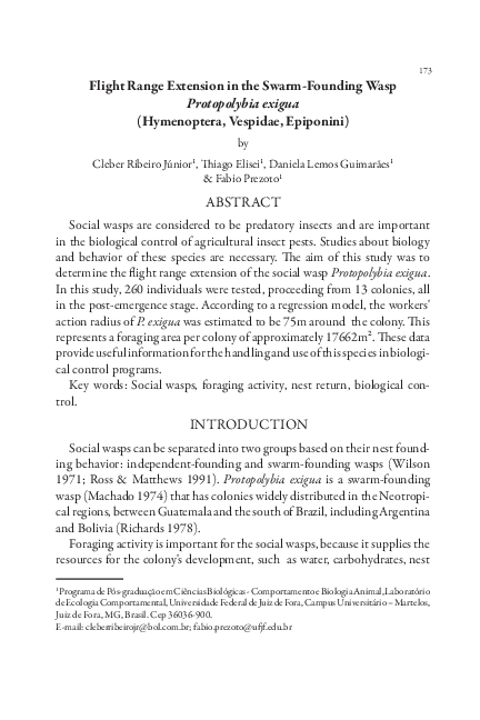 (PDF) Flight Range Extension in the Swarm-Founding Wasp Protopolybia ...