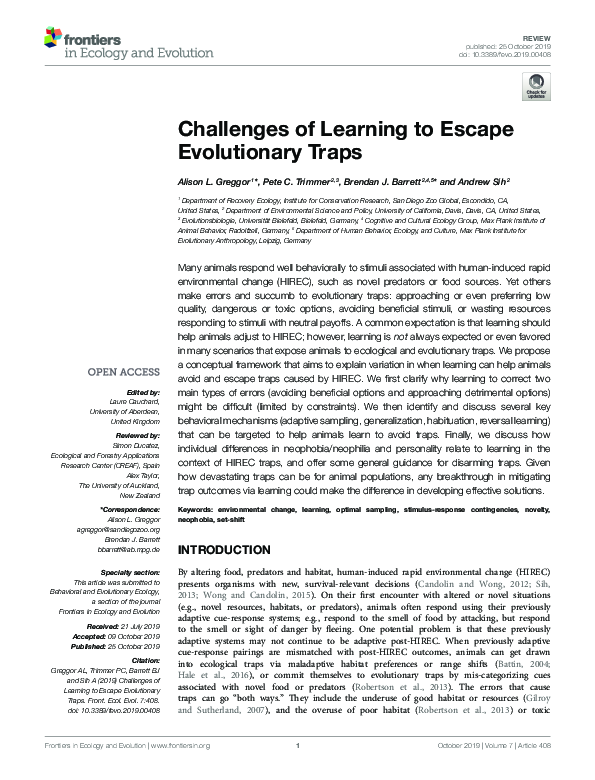 (PDF) Challenges of Learning to Escape Evolutionary Traps